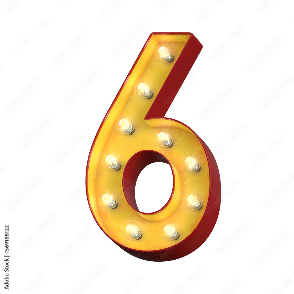 Light bulb glowing font, 3d alphabet character, 3d rendering, number 6 ...