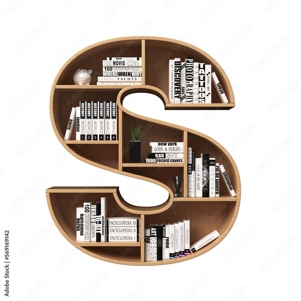 Bookshelves 3d font. Alphabet in the form of book shelves. Mockup font, 3d rendering. Letter S ...