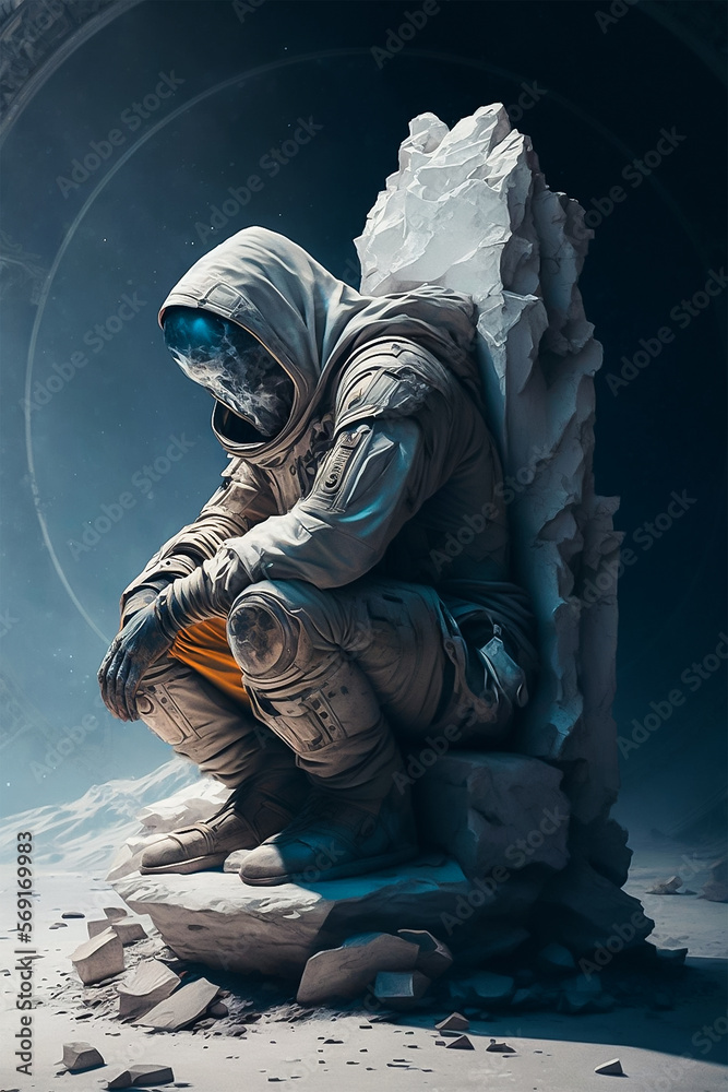 Man in astronaut suit sitting on the cracked stone with outer space and ...