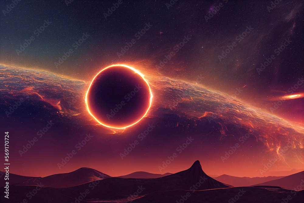 Cosmic flare in a starry night sky with a setting sun, nebula, and ...