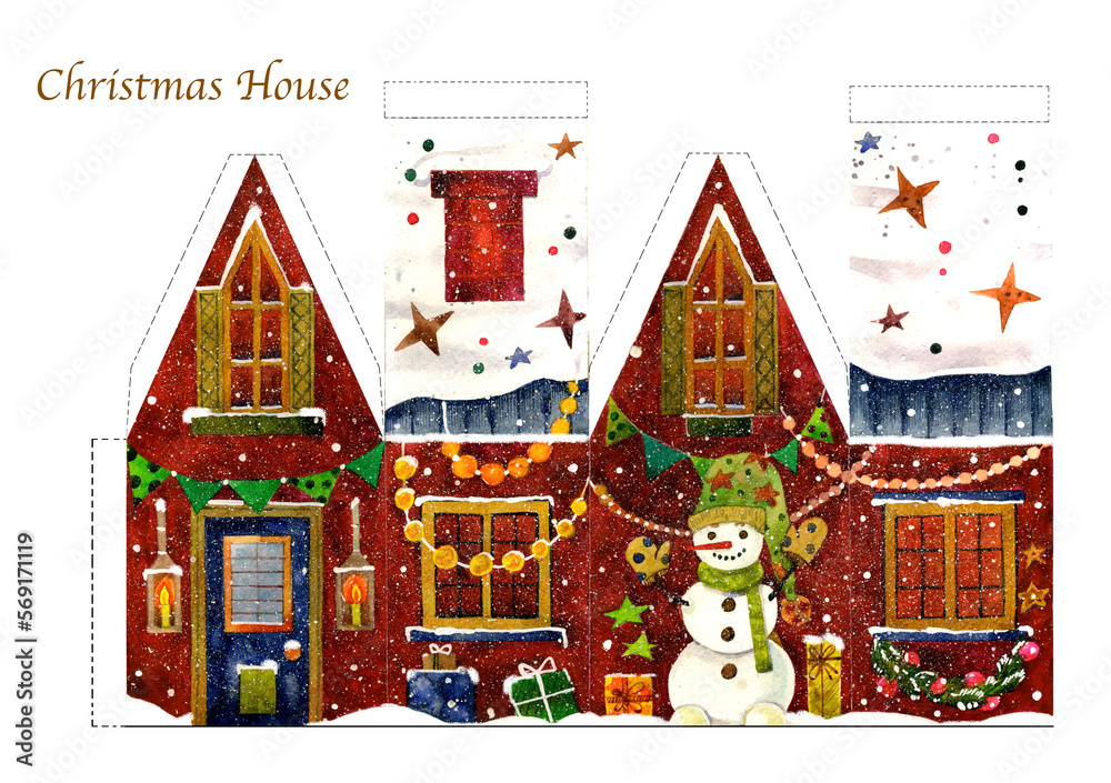 Watercolor Christmas house. Printable paper house template. Holidays ...