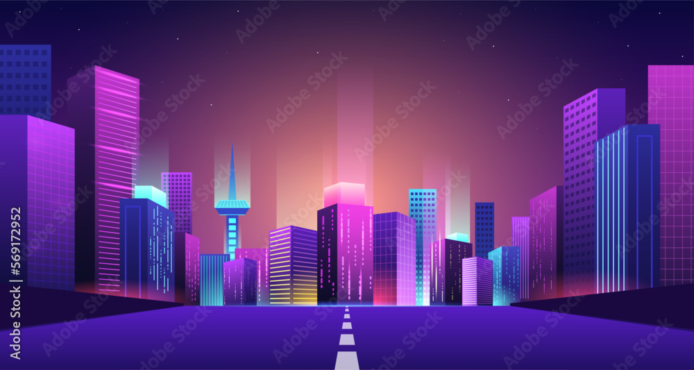 Road to futuristic city. Bridge to night neon town, bright buildings ...