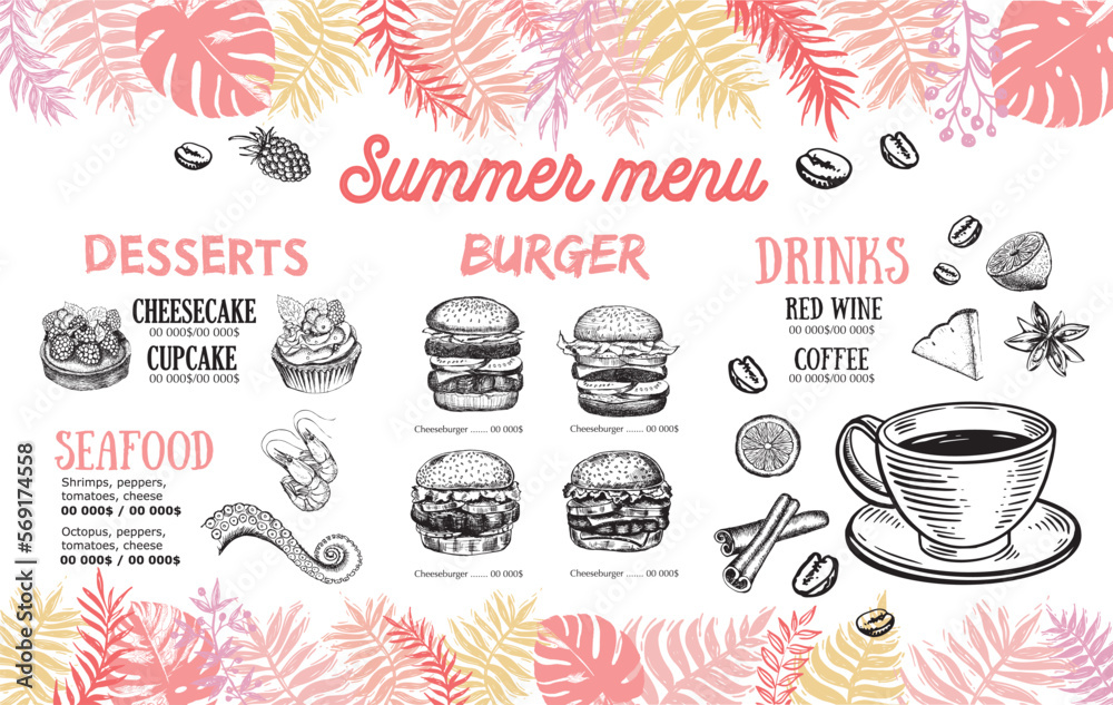 Summer menu, template design. Food flyer. Hand-drawn style. Vector ...