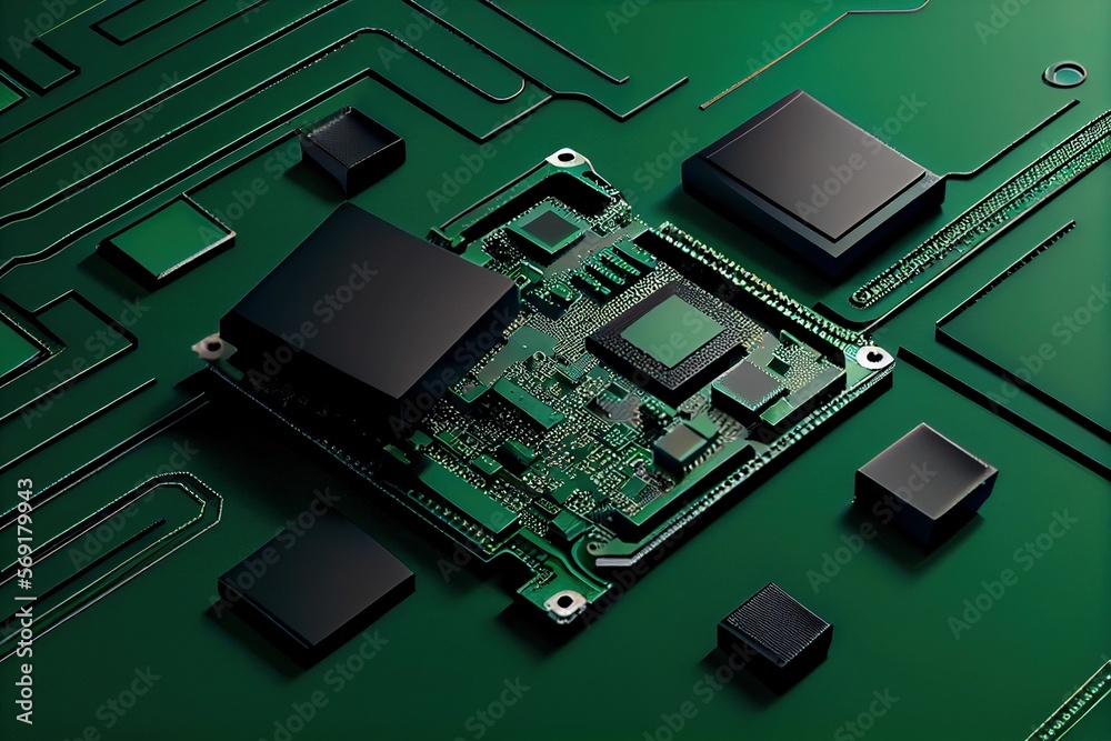 black semiconductor chips and Rectangular chips on green board ...