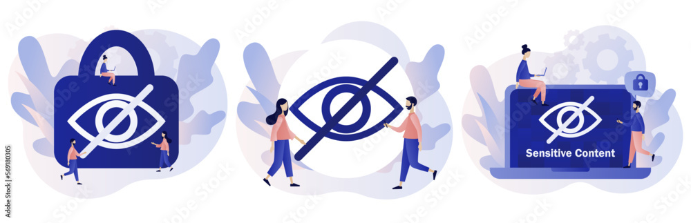 Sensitive content concept. Eye crossed sign. Explicit content in social ...