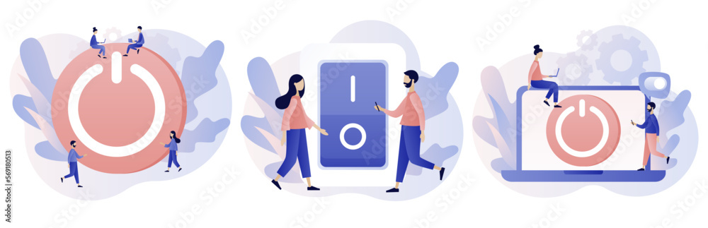 On Off button concept. Tiny people press switch. Characters turning off ...