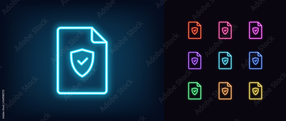 Outline neon verified file icon set. Glowing neon document frame with ...