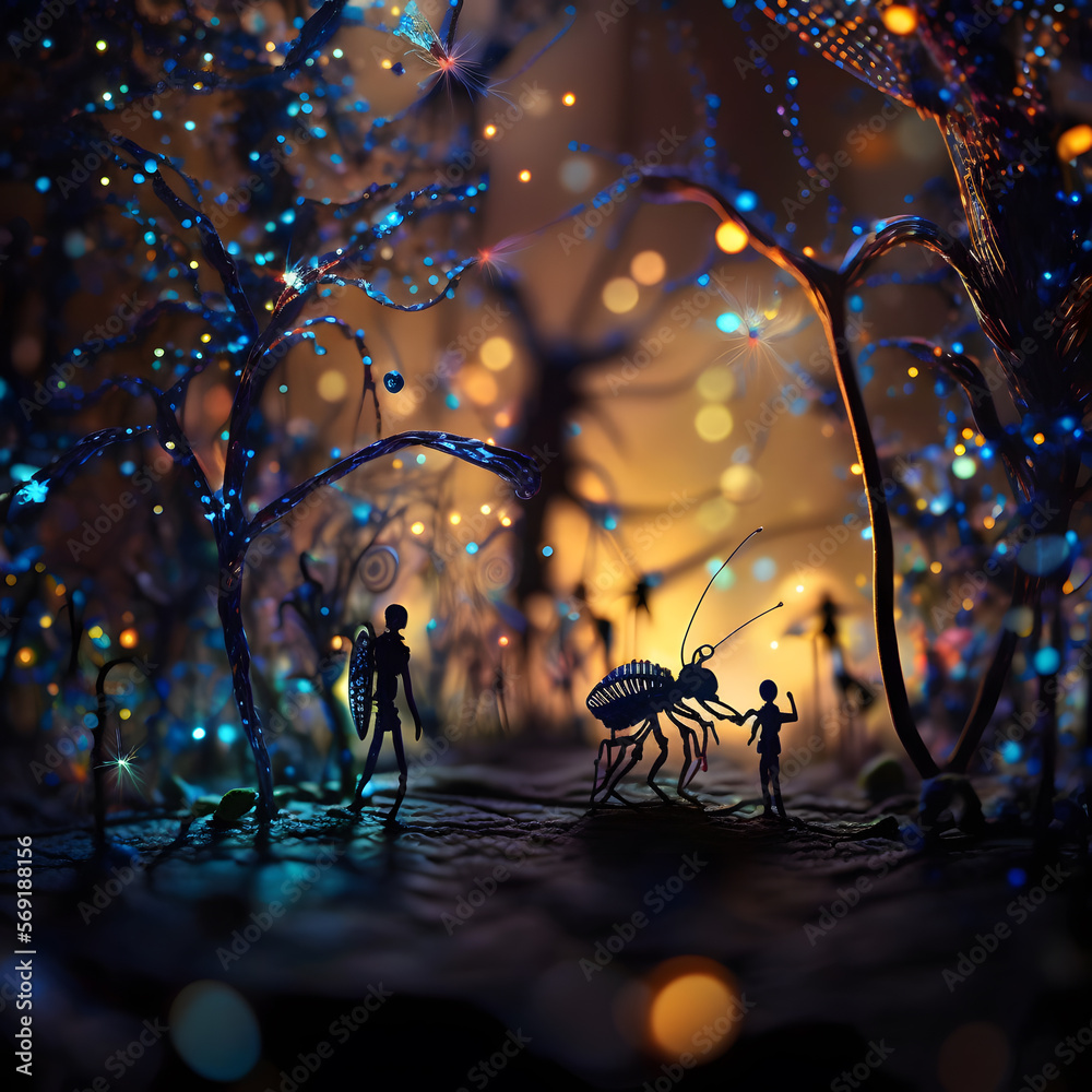 A murmuration of biomechanical fireflies of many colors in a tall ...