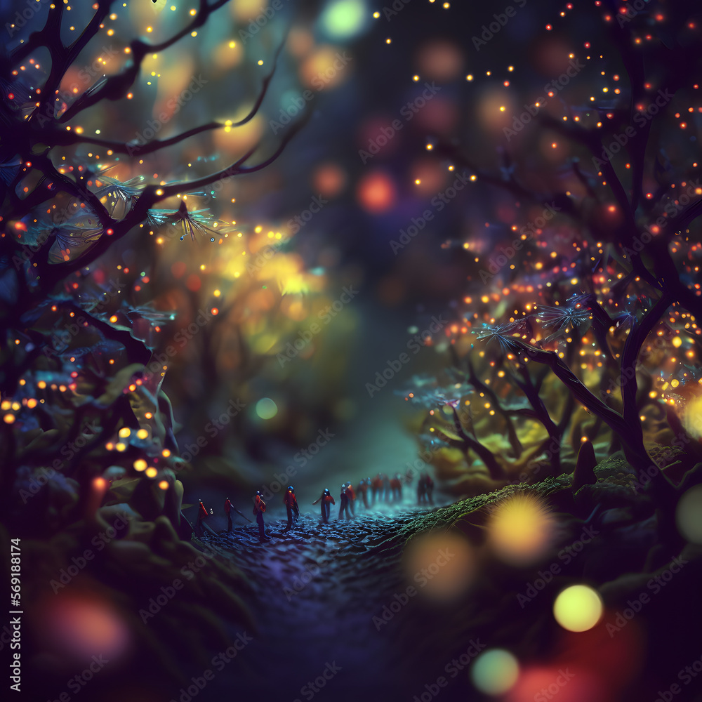 A murmuration of biomechanical fireflies of many colors in a tall ...