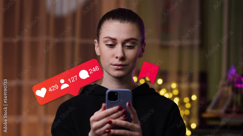 A girl is looking at her smartphone, an infographic with icons of likes ...