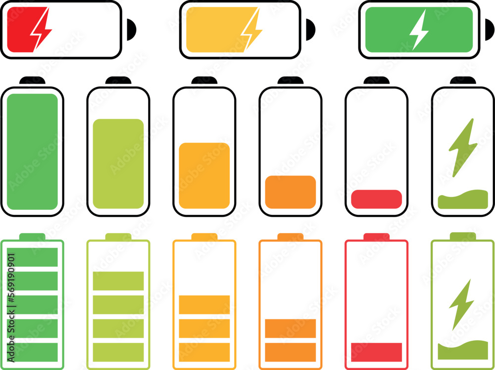 Battery icons set. Battery charge levels. Battery charging icons ...