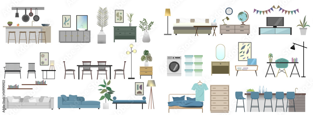 Collection of flat vector illustrations of furniture perfect for ...