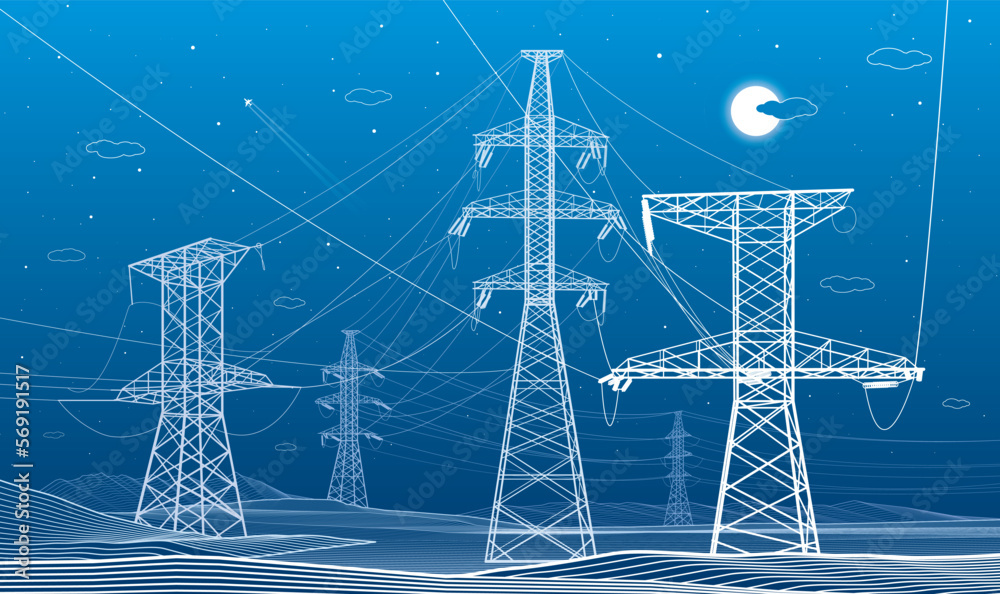 High voltage transmission systems. Electric pole. Energy pylons. Power ...