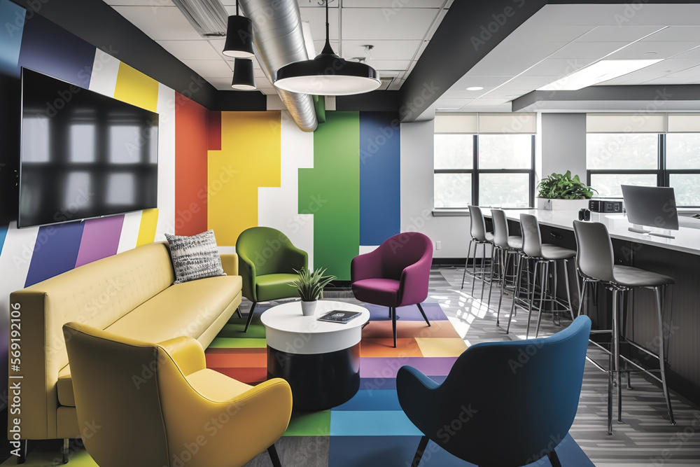 Modern working office interior with rainbow color on the wall ...