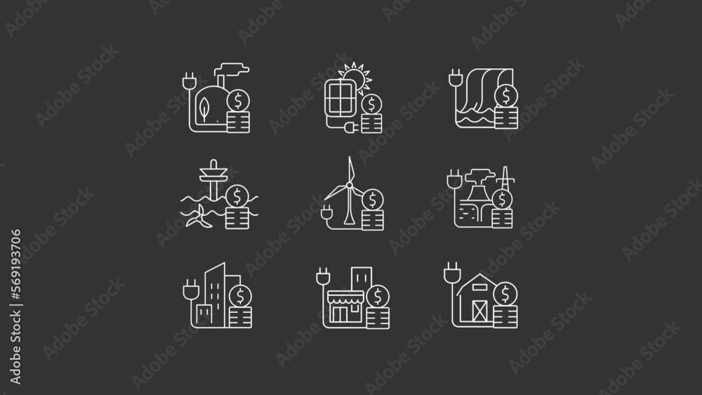Animated energy white line icons. Alternative source of power ...