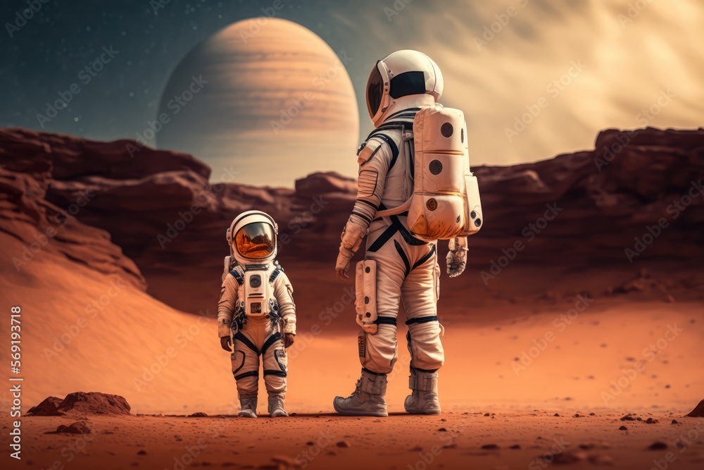 Astronaut father and child on surface of planet mars made with ...