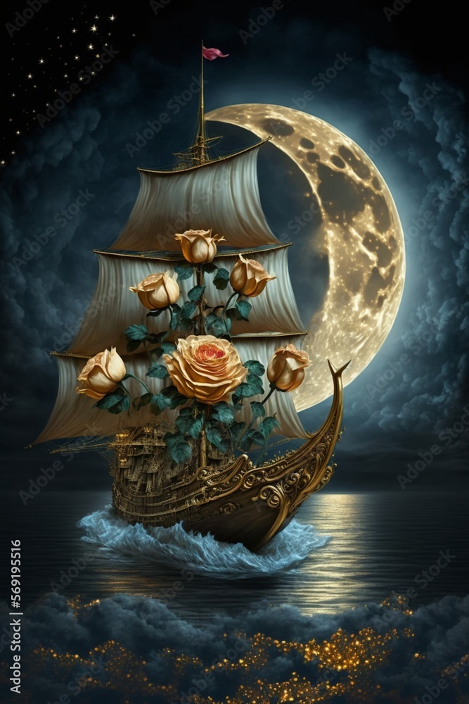 ship floating on top of a body of water under a full moon. generative ...