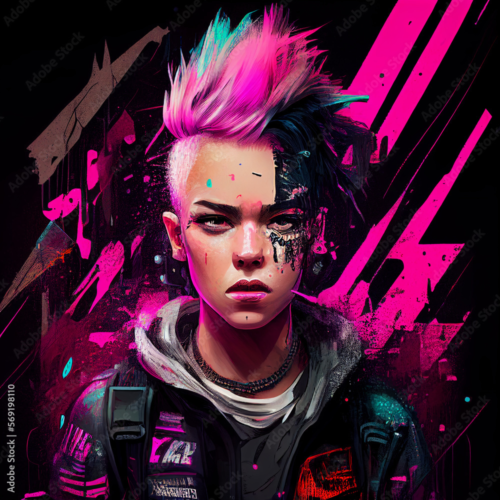 Neo Punk Woman Illustration Pink Blue Hair Neon Y2K Retro Generative AI ...
