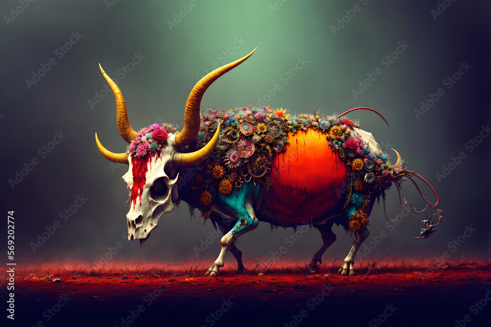 Colorful painted monster cow's corpse with extra horns. AI generated ...