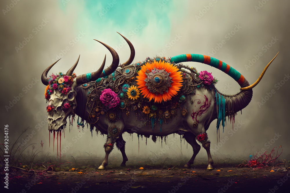 Colorful painted monster cow with extra horns and exxtra eyes. AI ...