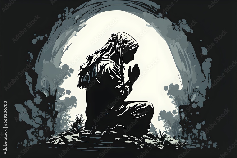 Woman kneeling in prayer to god, vector. Generative AI. Stock ...