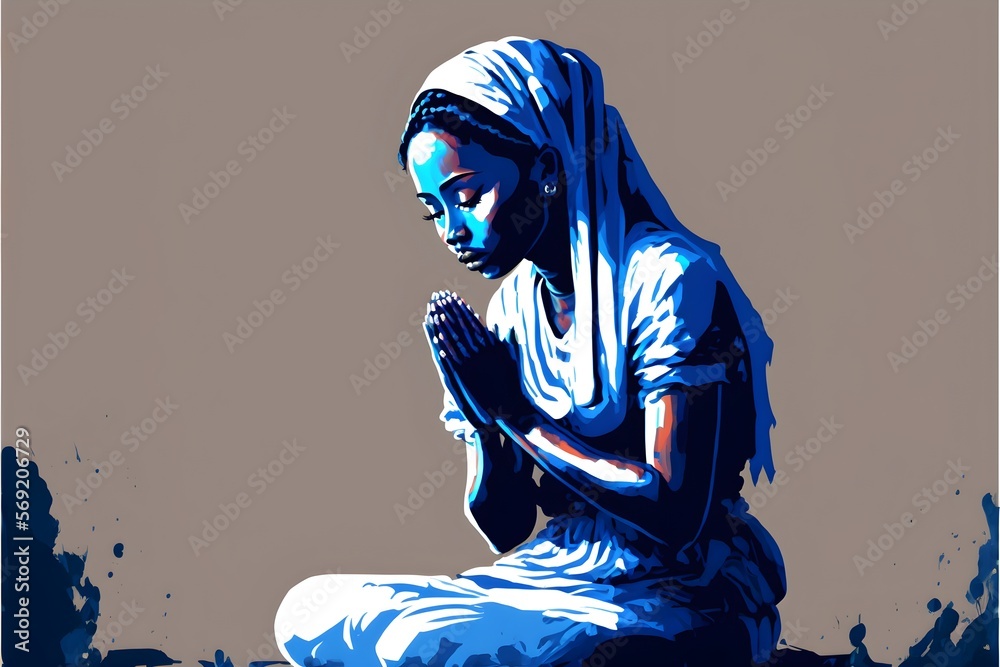 Woman kneeling in prayer to god, vector. Generative AI. Stock ...