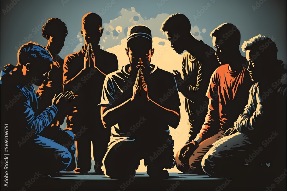 ภาพประกอบสต็อก People kneeling in prayer to god, world day of prayer ...