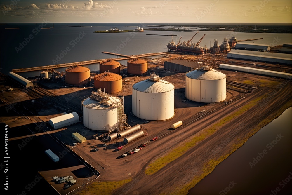 Aerial perspective of a massive oil terminal at sea, complete with ...