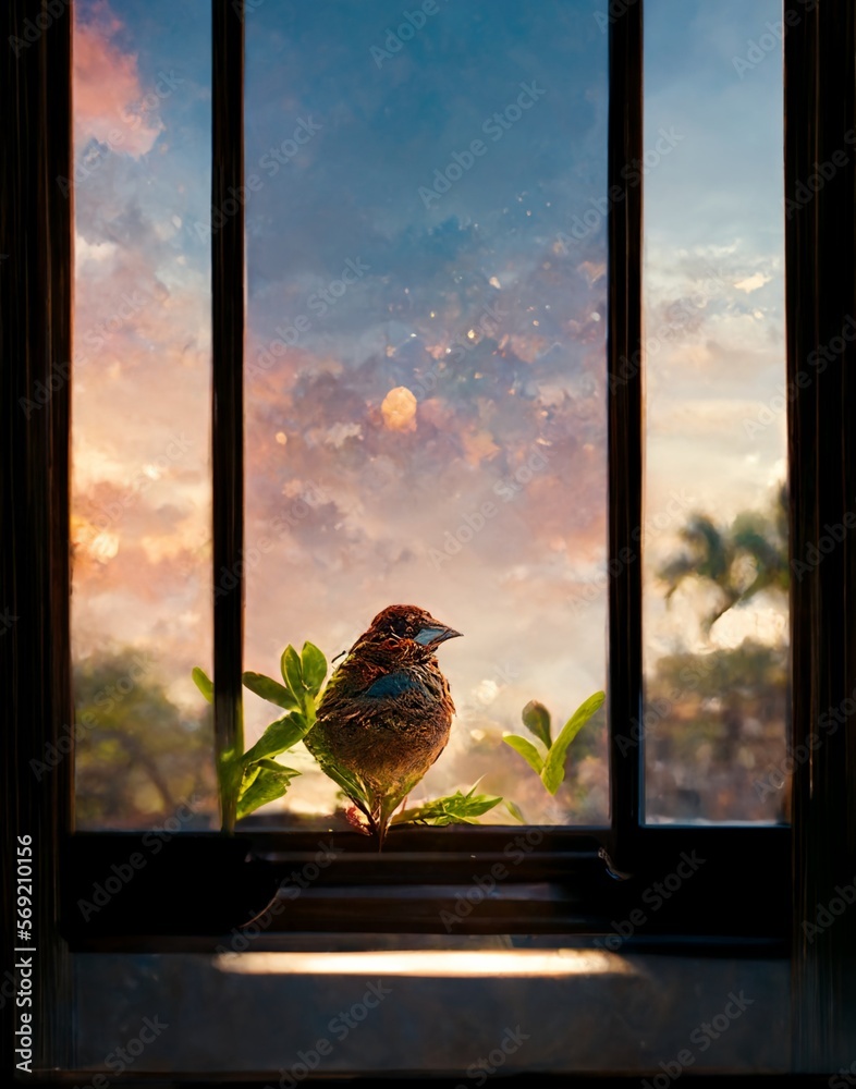 bird sitting on top of a window sill. generative ai. Stock-Illustration ...