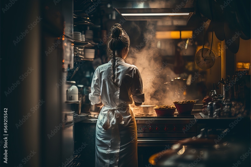 A woman cooks in a dark kitchen with contrasty lighting in an ethereal ...