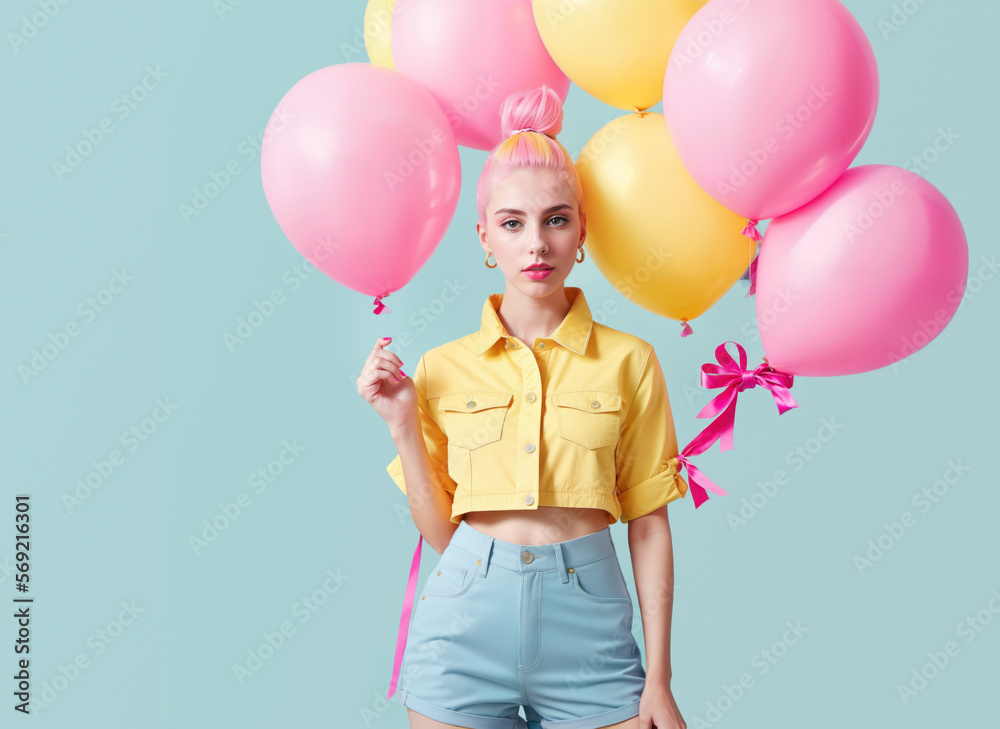 Portrait of cute young girl with colorful hairs wearing pastel colors ...