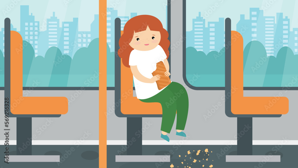Girl sitting on the bus, eating a sandwich and waiting for the train ...