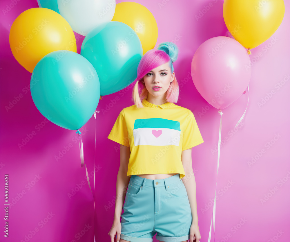 Portrait of cute young girl with colorful hairs wearing pastel colors ...