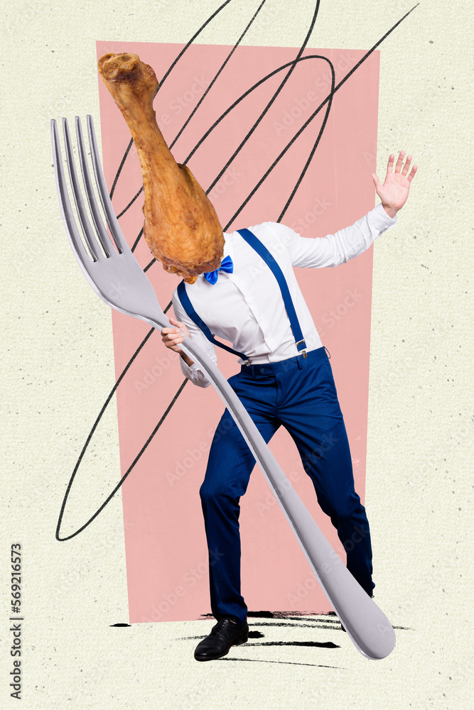 Vertical collage image of mini guy fried chicken leg instead head arm ...