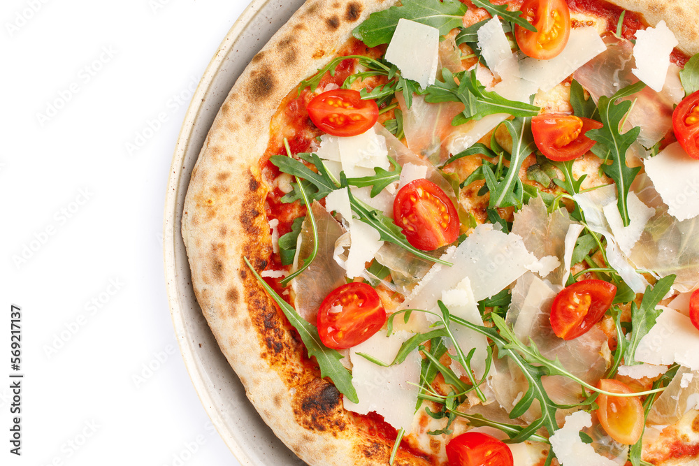 Monte Cristo Pizza Italiana with argula cherry tomato parmesan Stock ...