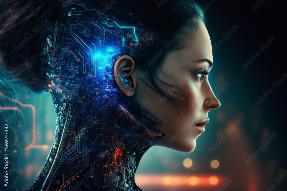 Beautiful young woman with electronic circuits. Artificial intelligence ...