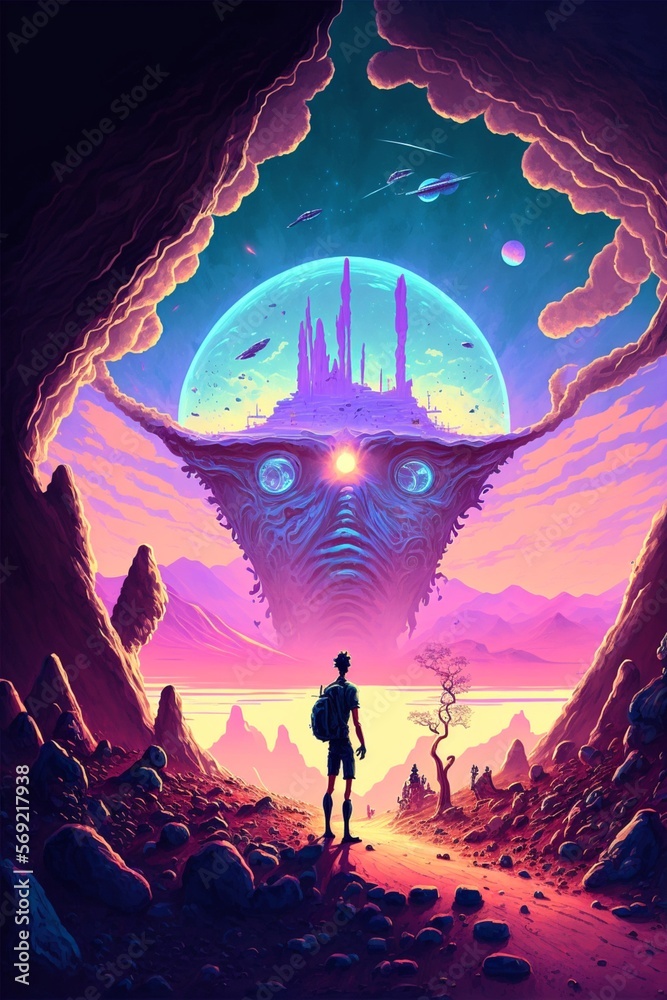 man standing in front of a giant alien head. generative ai. Stock ...