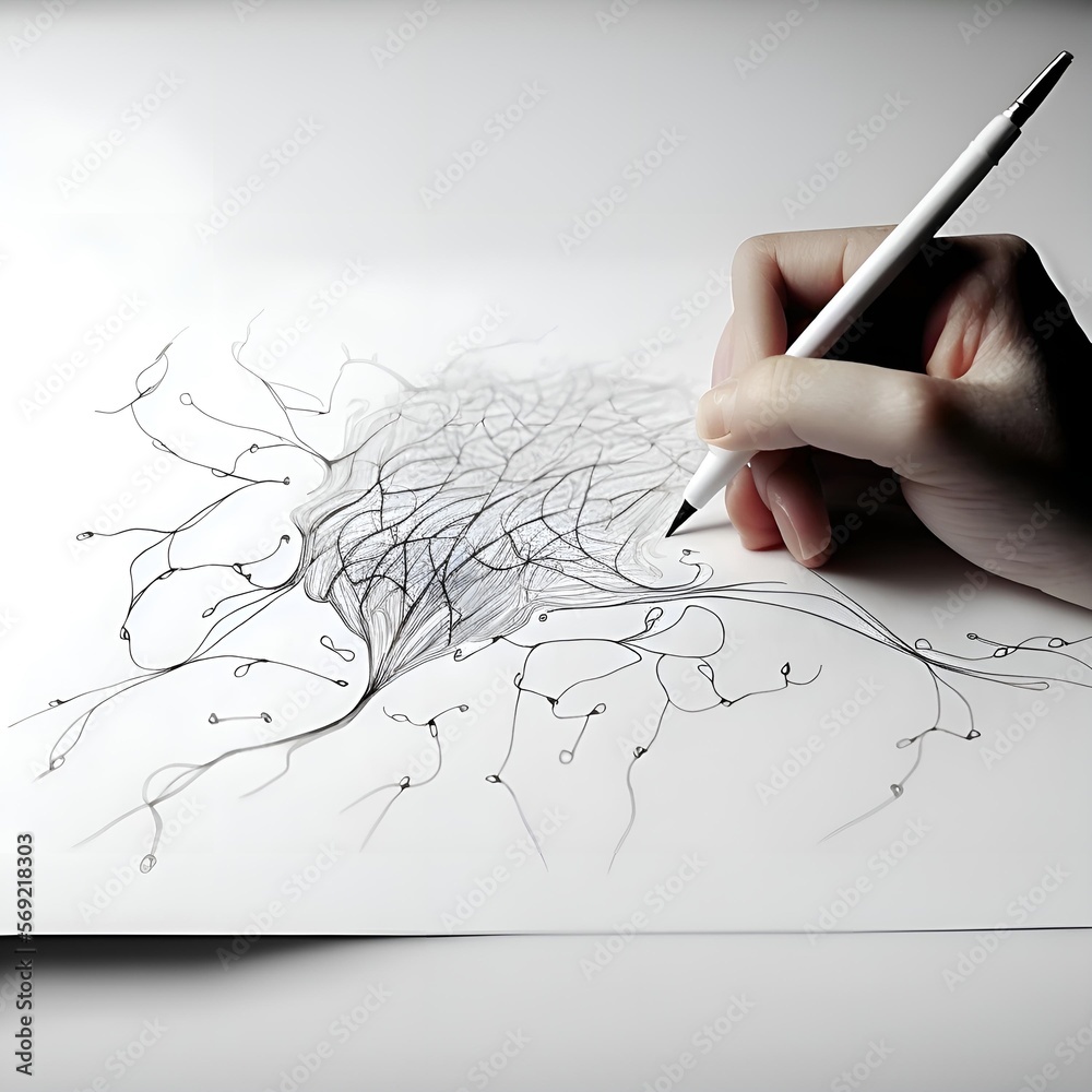 Person by hand and pencil drawing neuron lines of a brain. Black on ...