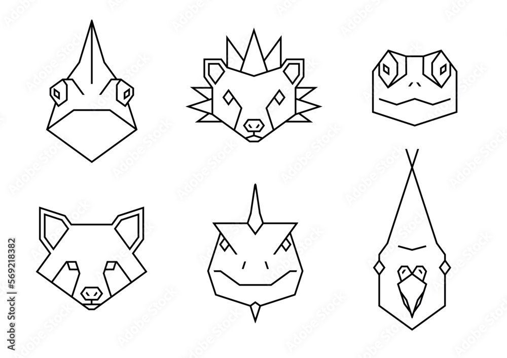 Set of polygon pet animals icons. Geometric heads of a chameleon ...