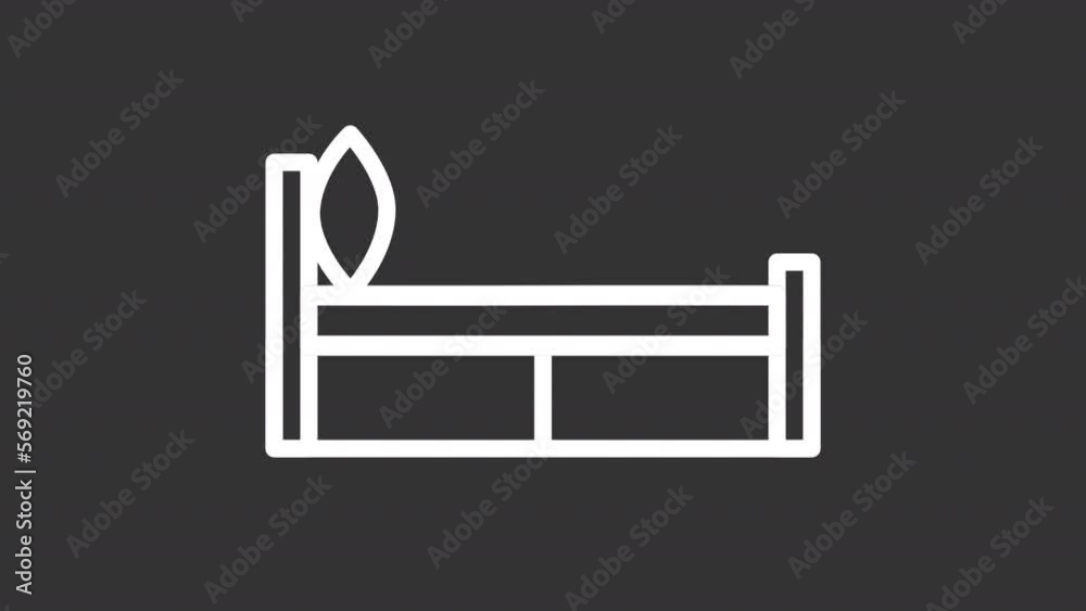 Animated bed white line icon. Comfortable single bed with pillow. Loop ...