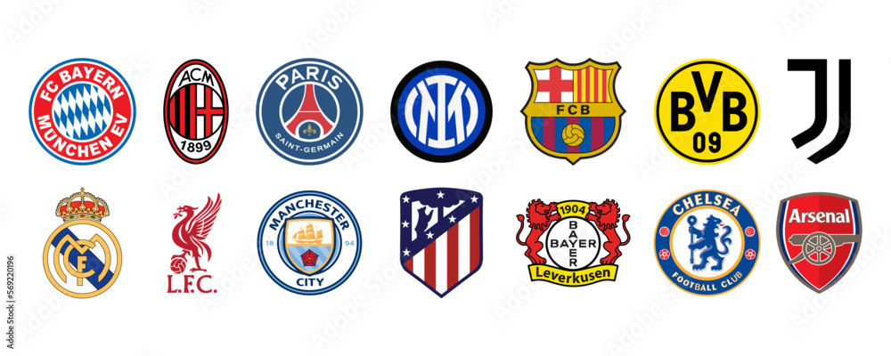 Vinnitsa, Ukraine - Fabruary 07, 2023: Top European football club logo ... Vinnitsa, Ukraine - Fabruary 07, 2023: Top European football club logo ...