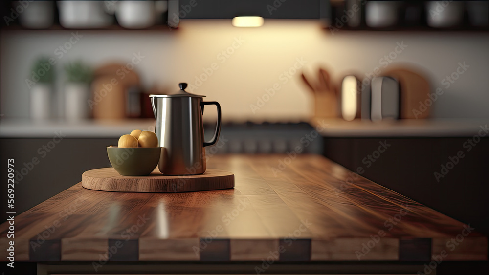 Wood table top in background of blurry kitchen counter. for montage ...
