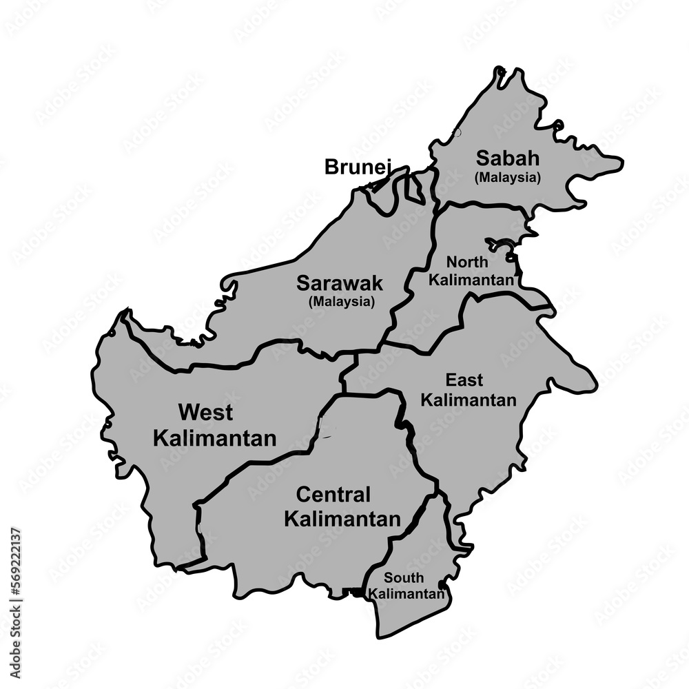 High resolution transparent map of Borneo Island. Administrative map of Borneo island. Stock ...