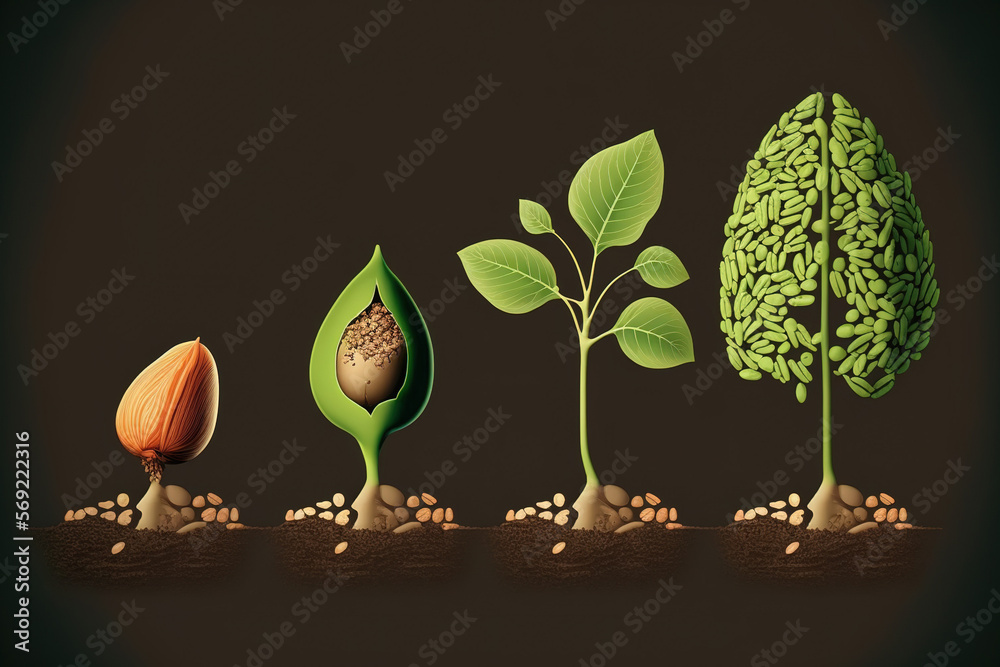 Nut seed sprouting in agriculture and plant growth sequence against a green background and ...