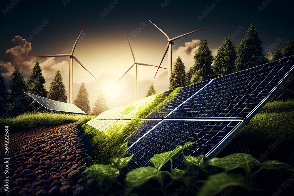 Solar panel and Wind Turbine, green energy. Wind energy, Solar energy ...