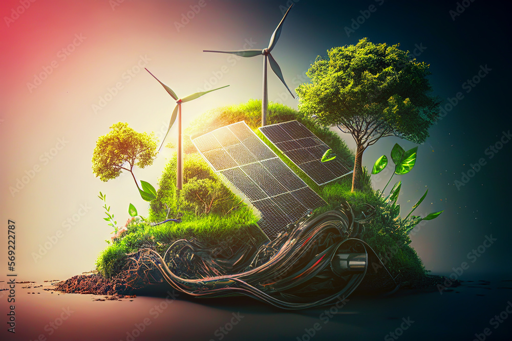 Solar panel and Wind Turbine, green energy. Wind energy, Solar energy from Photovoltaic solar ...