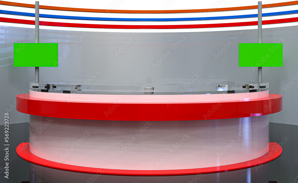 tv news studio, television broadcast room interior 4 with round table ...