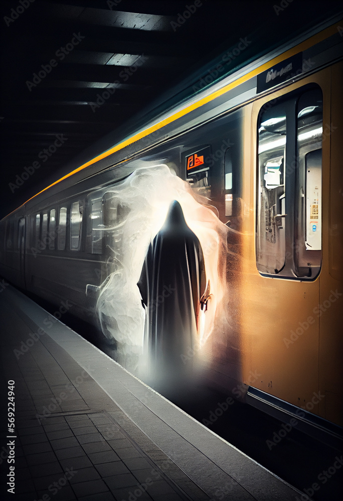 The ghost in front of subway train. Horrors, nightmares, driving safety ...
