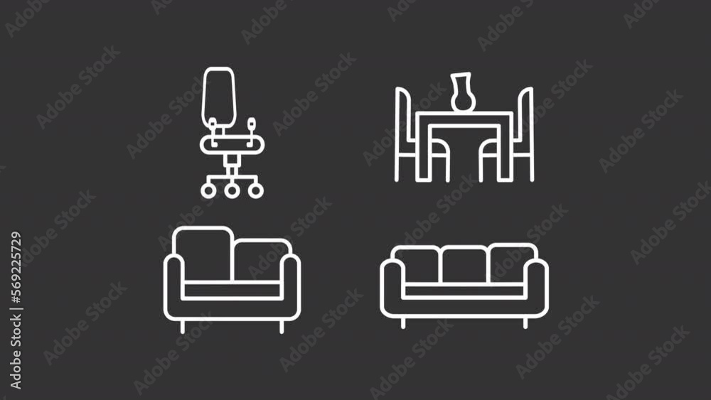 Animated seats white line icons. Living room furniture. Office chair ...