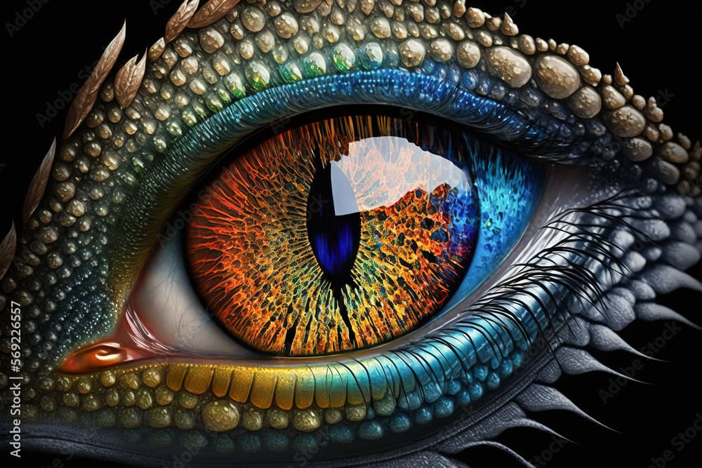 Eye of the dragon. Dragon eye ball abstract rainbow scales close up ...